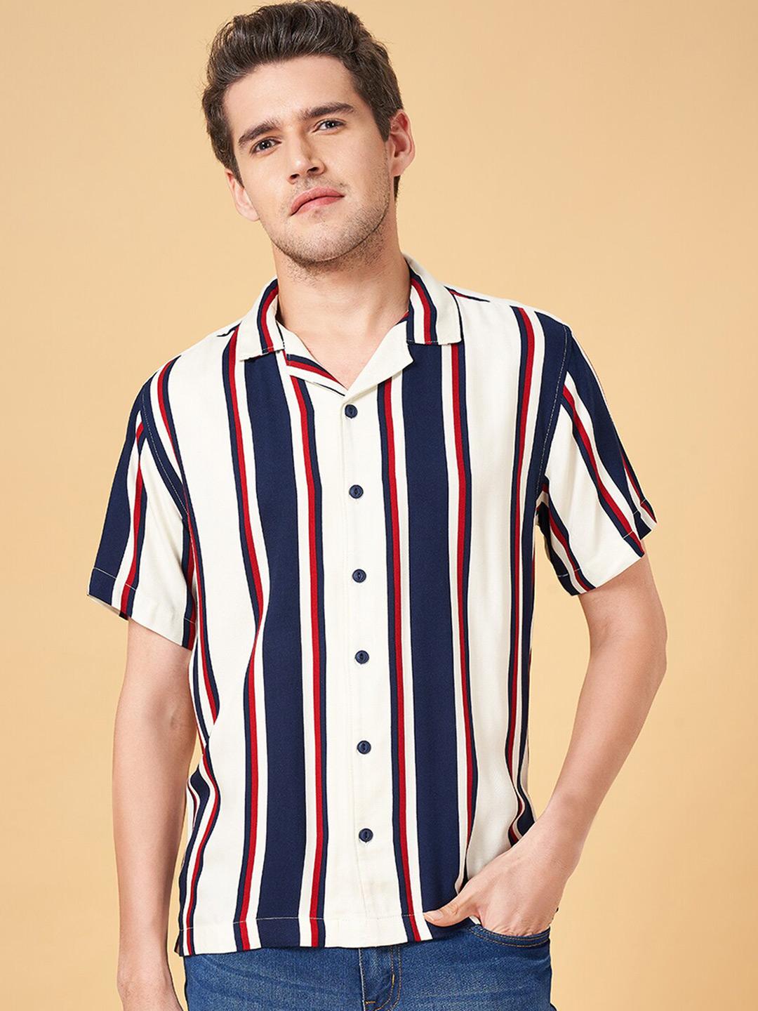 Buy People Off White Vertical Stripes Cuban Collar Short Sleeves Casual ...