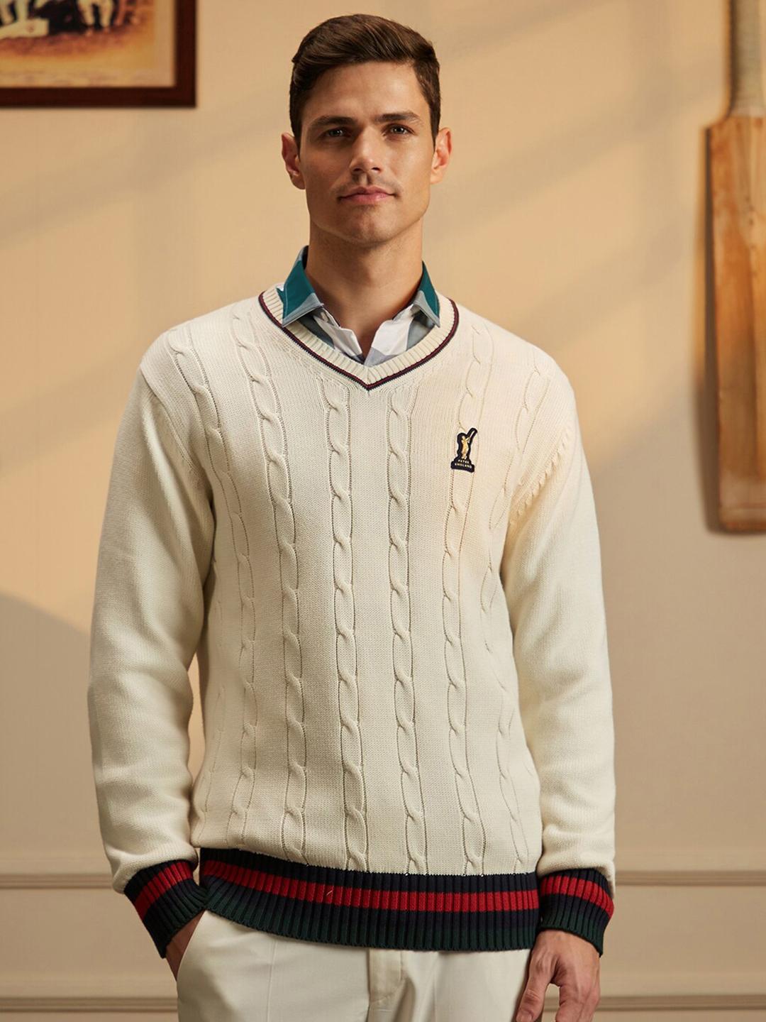 Buy Peter England Casuals Cable Knit Self Design Cricket Inspired V ...