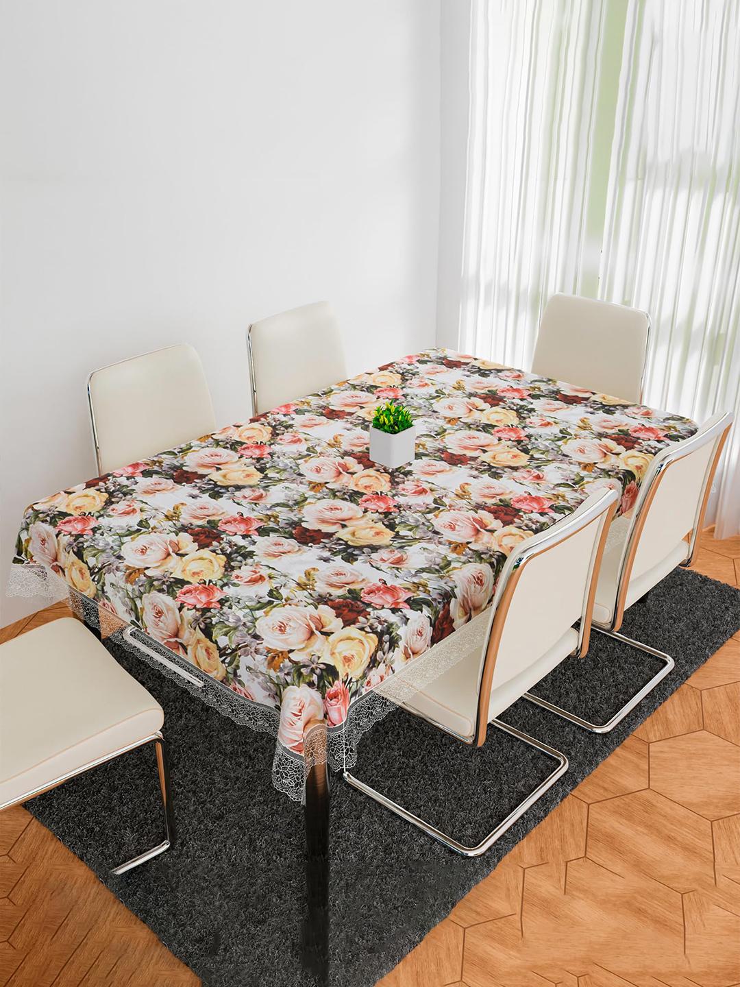 Buy Kuber Industries White & Pink Rose Printed 6 Seater Dining Table ...