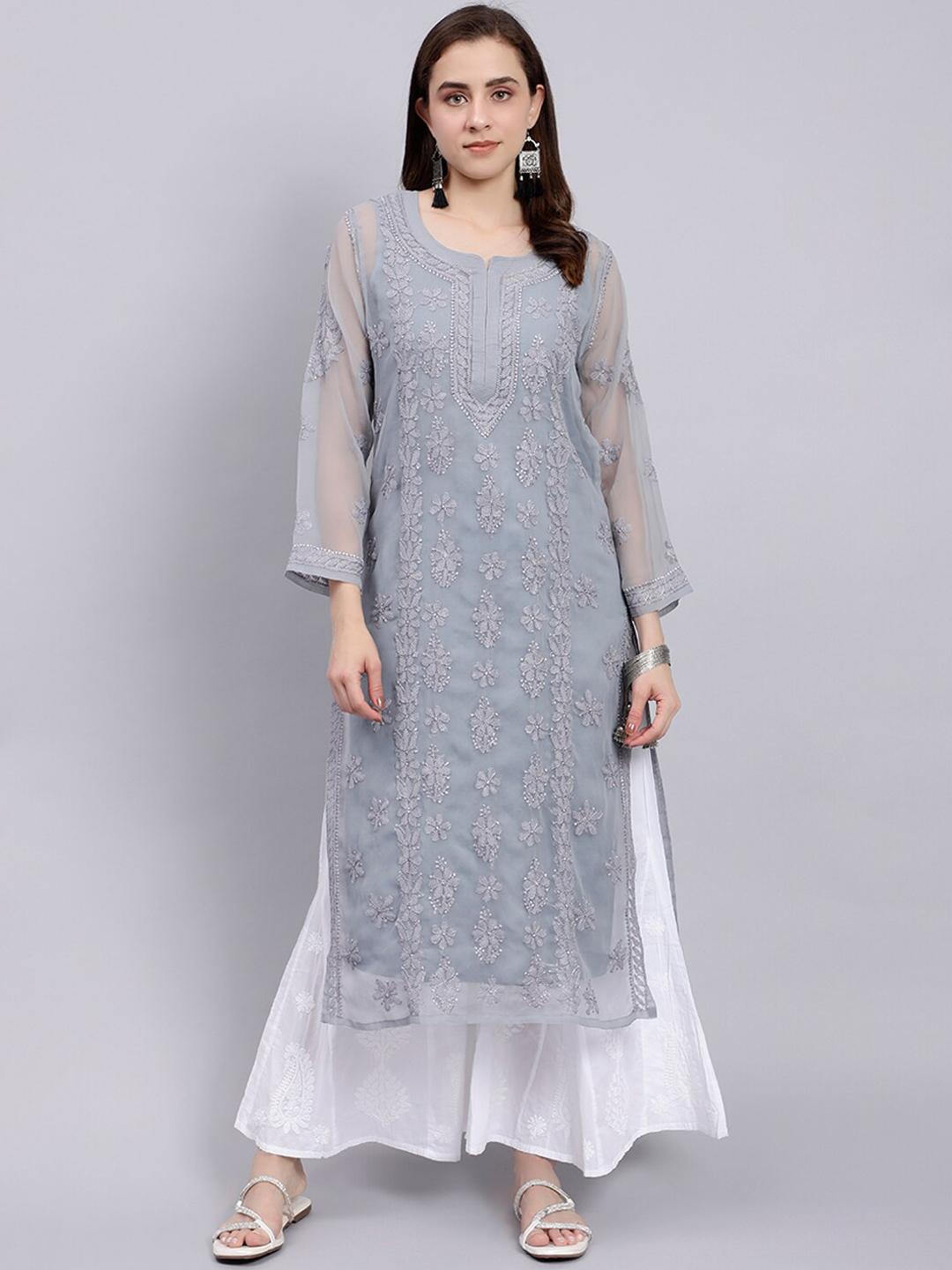 Buy Seva Chikan Floral Embroidered Lucknowi Chikankari Straight Kurta ...