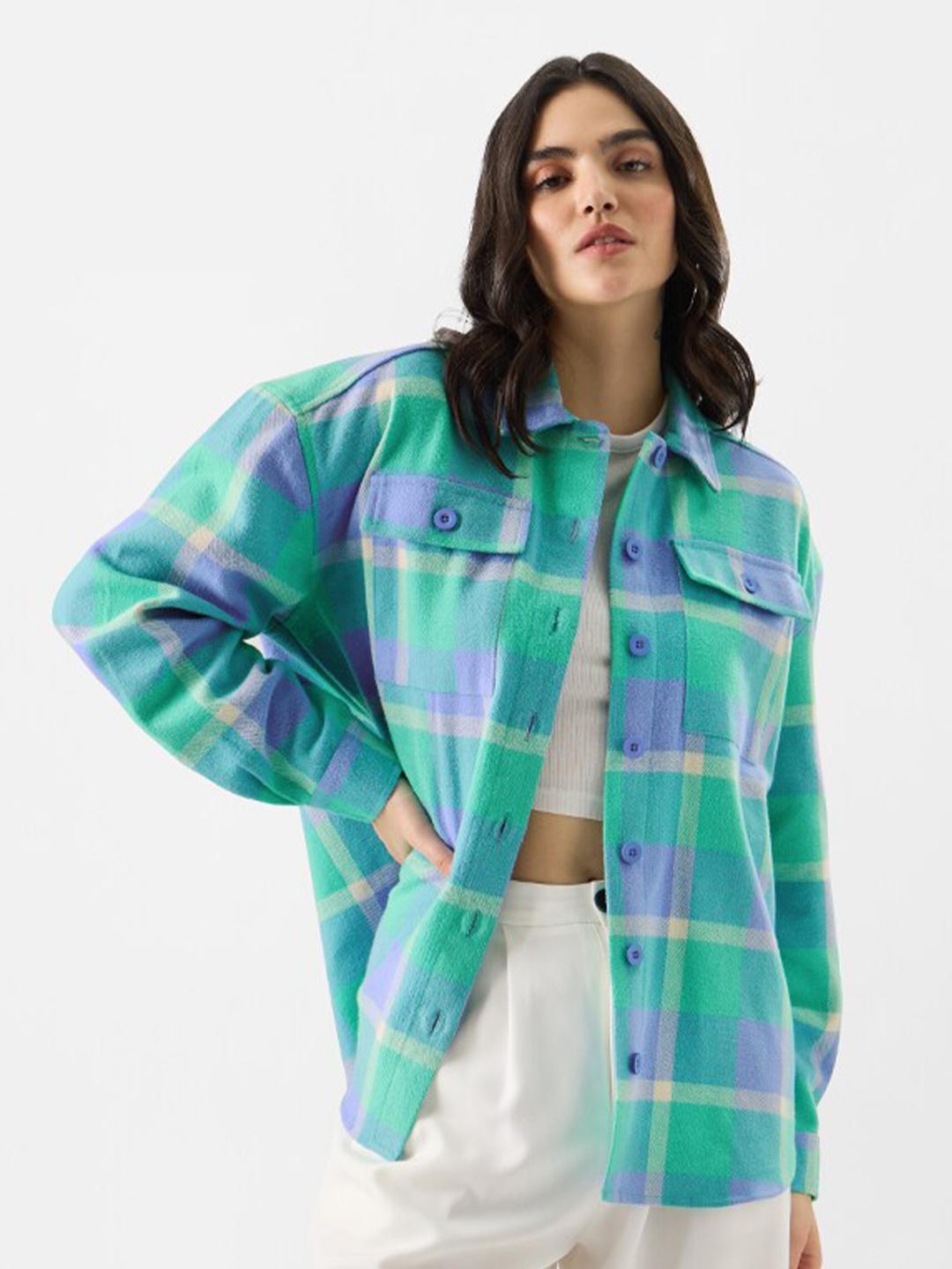 Buy The Souled Store Sea Green Oversized Opaque Tartan Checked Pure ...