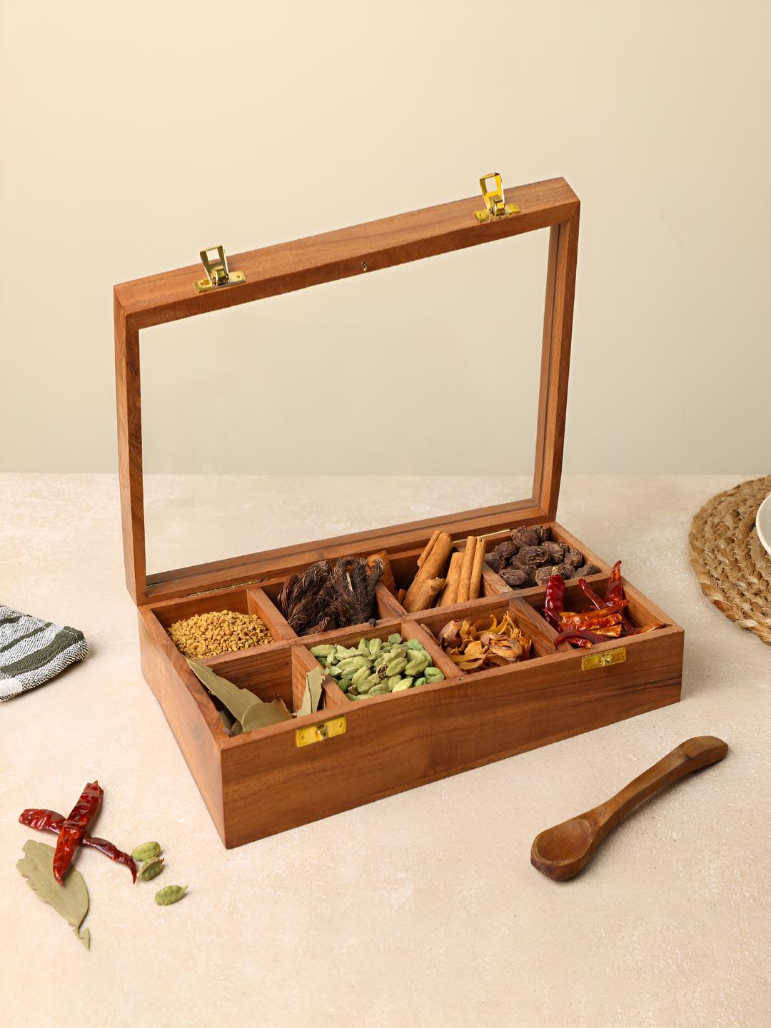 Buy Dudki Brown Wooden Spice Box With 8 Compartment - Spice Box for ...
