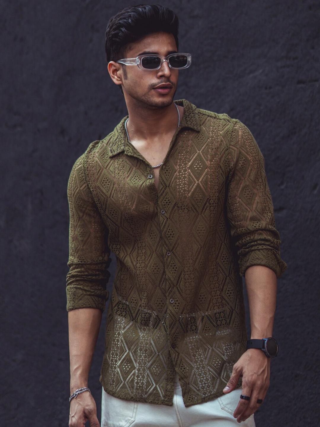Buy Powerlook Olive Green India Slim Sheer Self Design Casual Crochet ...