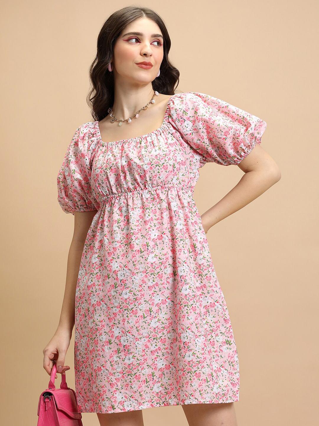 Buy Tokyo Talkies Pink Floral Printed Square Neck Puff Sleeves Gathered ...