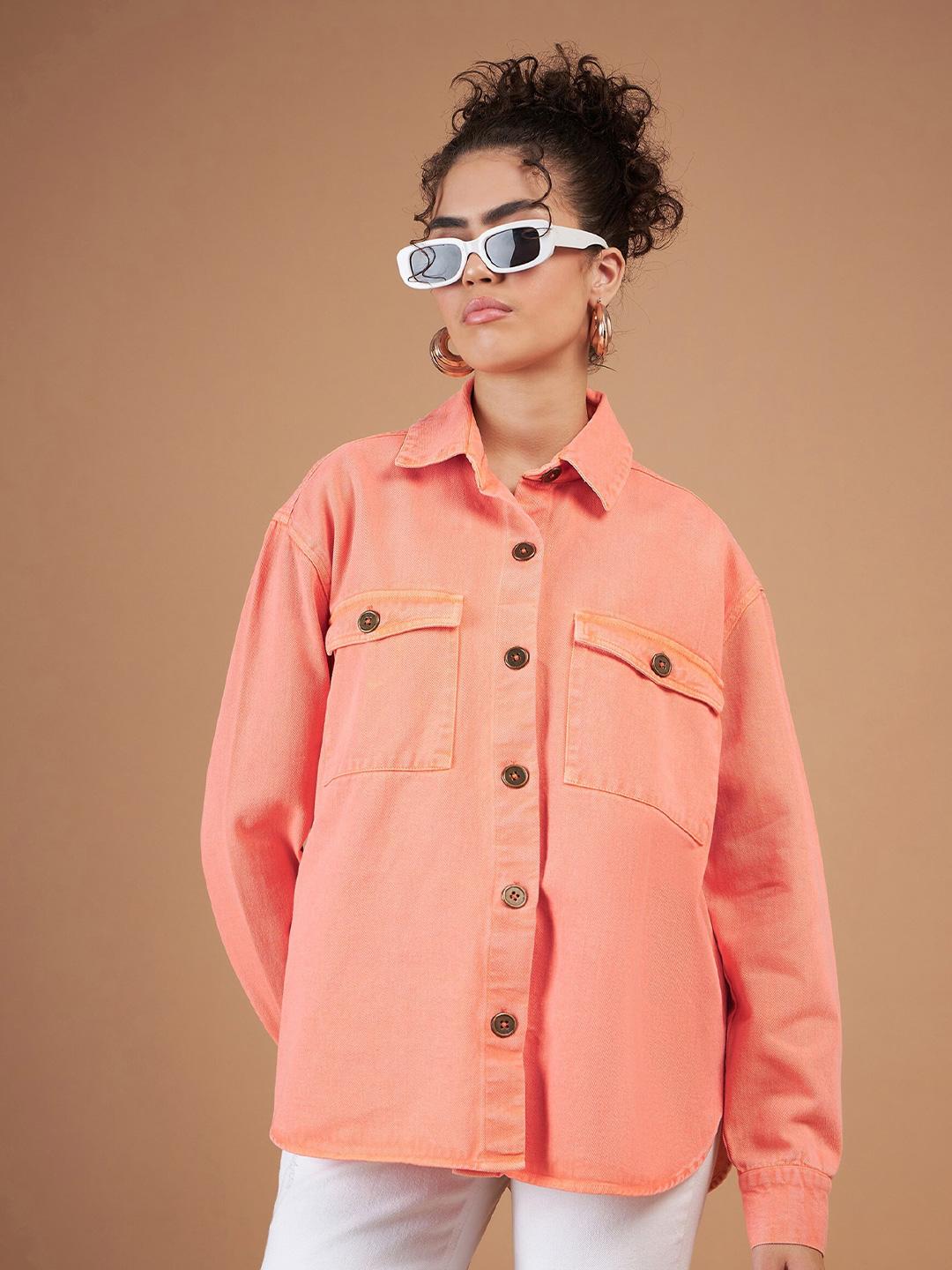 Buy SASSAFRAS Orange Oversized Pure Cotton Denim Casual Shacket ...