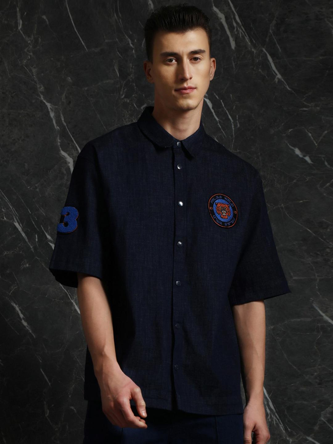 Buy Breakbounce Blue Applique Detailed Oversized Denim Casual Shirt ...