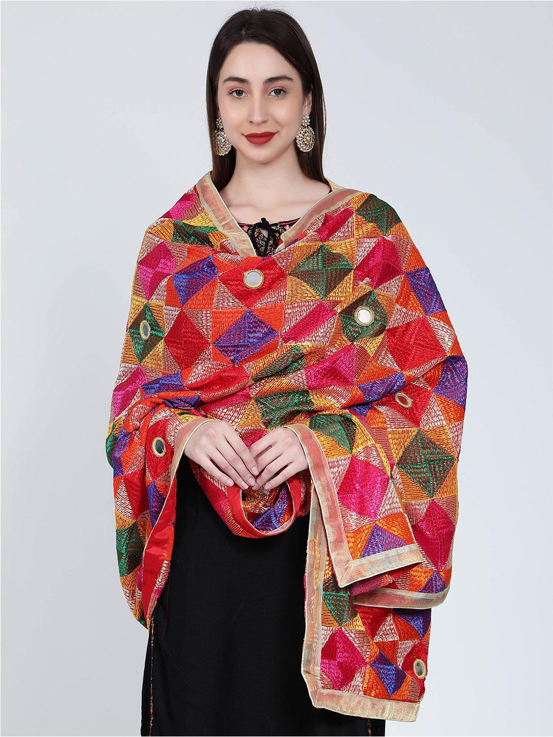 Buy Moda Chales Embroidered Mirror Work Phulkari Chiffon Dupatta ...
