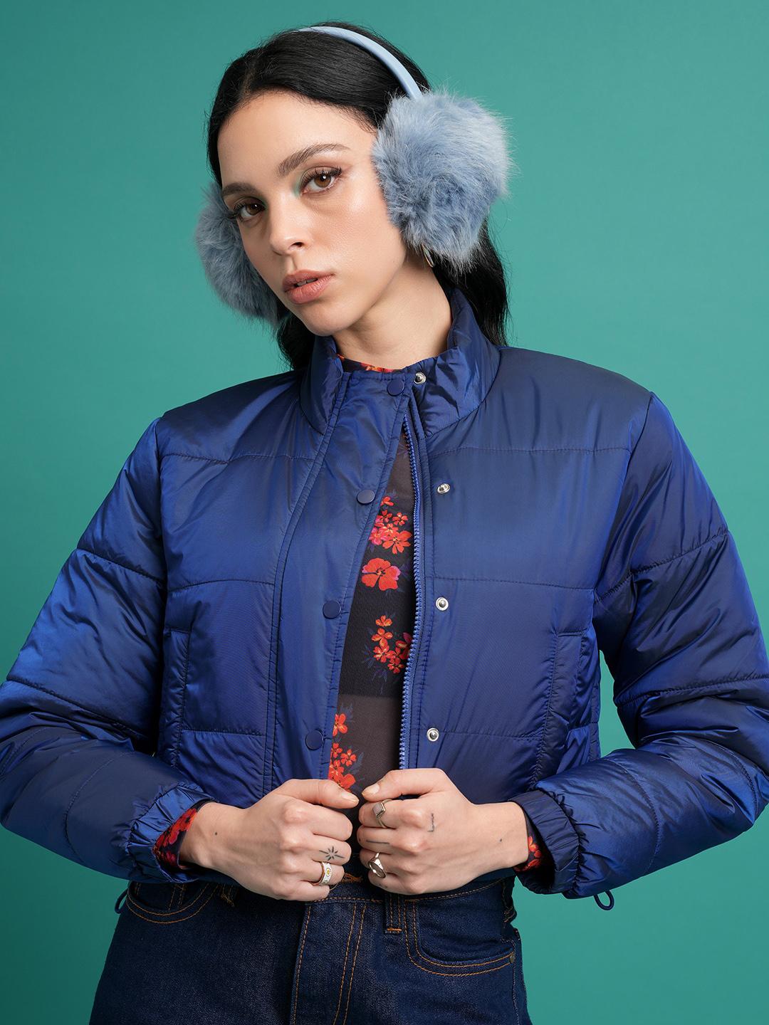 Buy Tokyo Talkies Blue Mock Collar Crop Puffer Jacket - Jackets for ...