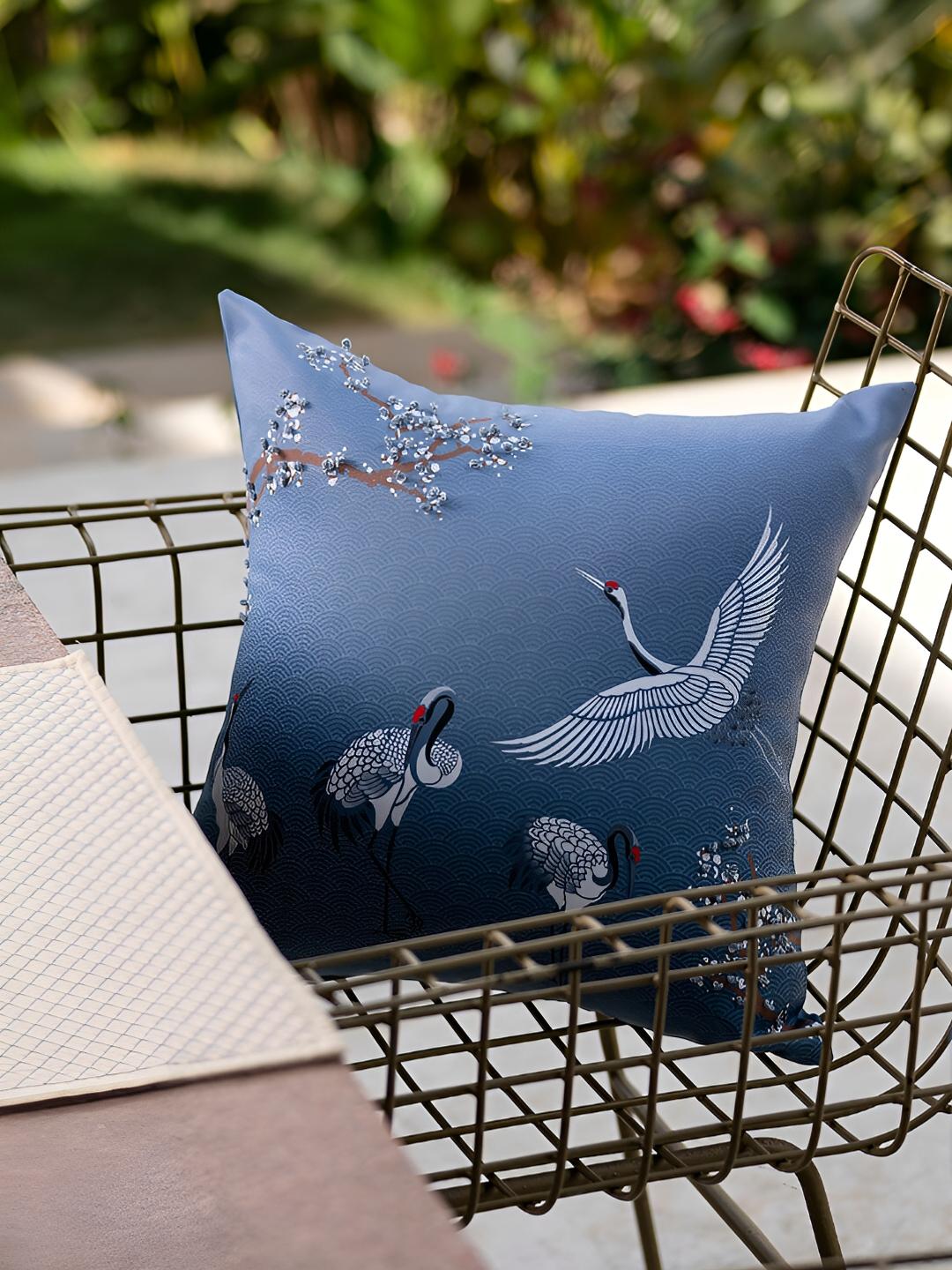 Buy Eris Home Dreamy Cranes Blue Embroidered Satin Square Cushion Cover ...