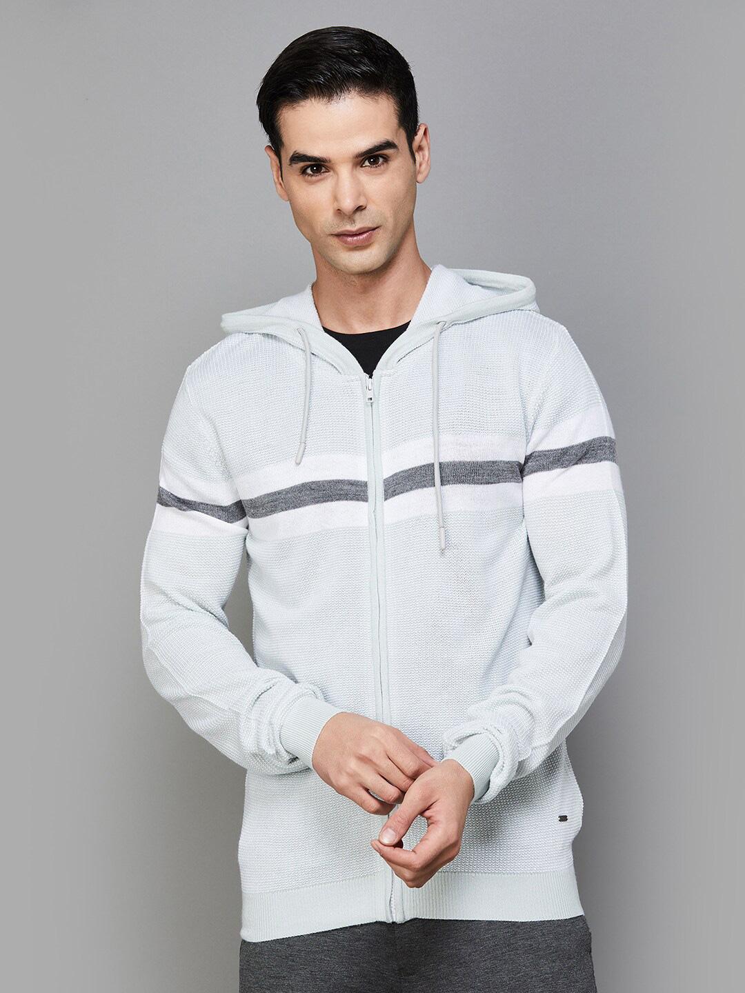 Buy CODE By Lifestyle Striped Hooded Acrylic Front Open Sweater ...