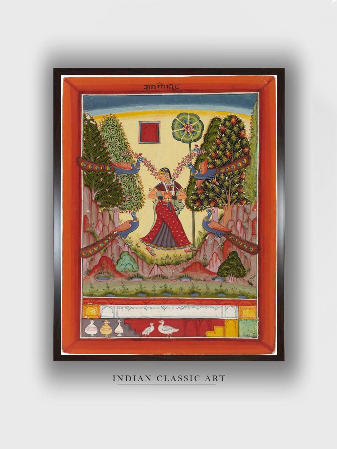 Buy INDIAN CLASSIC ART Red & Blue Gauri Ragini A Girl With Peacocks ...