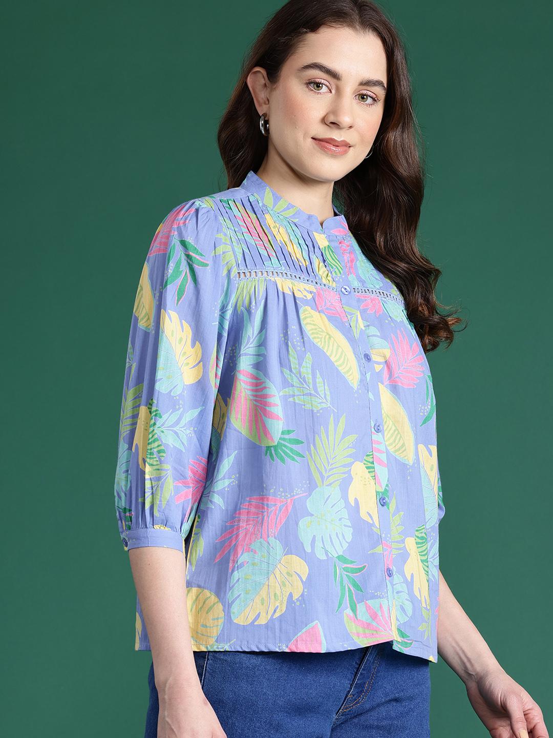 Buy DressBerry Printed Mandarin Collar Cotton Shirt Style Top - Tops ...