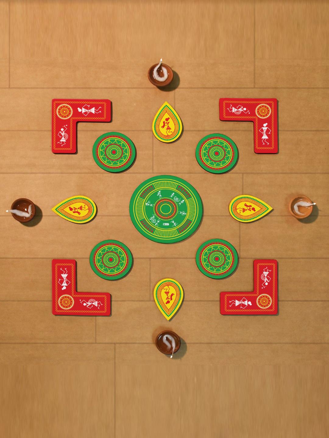 Buy Indigifts Green & Red 13 Pieces Warli Art Mandala Wooden Rangoli ...