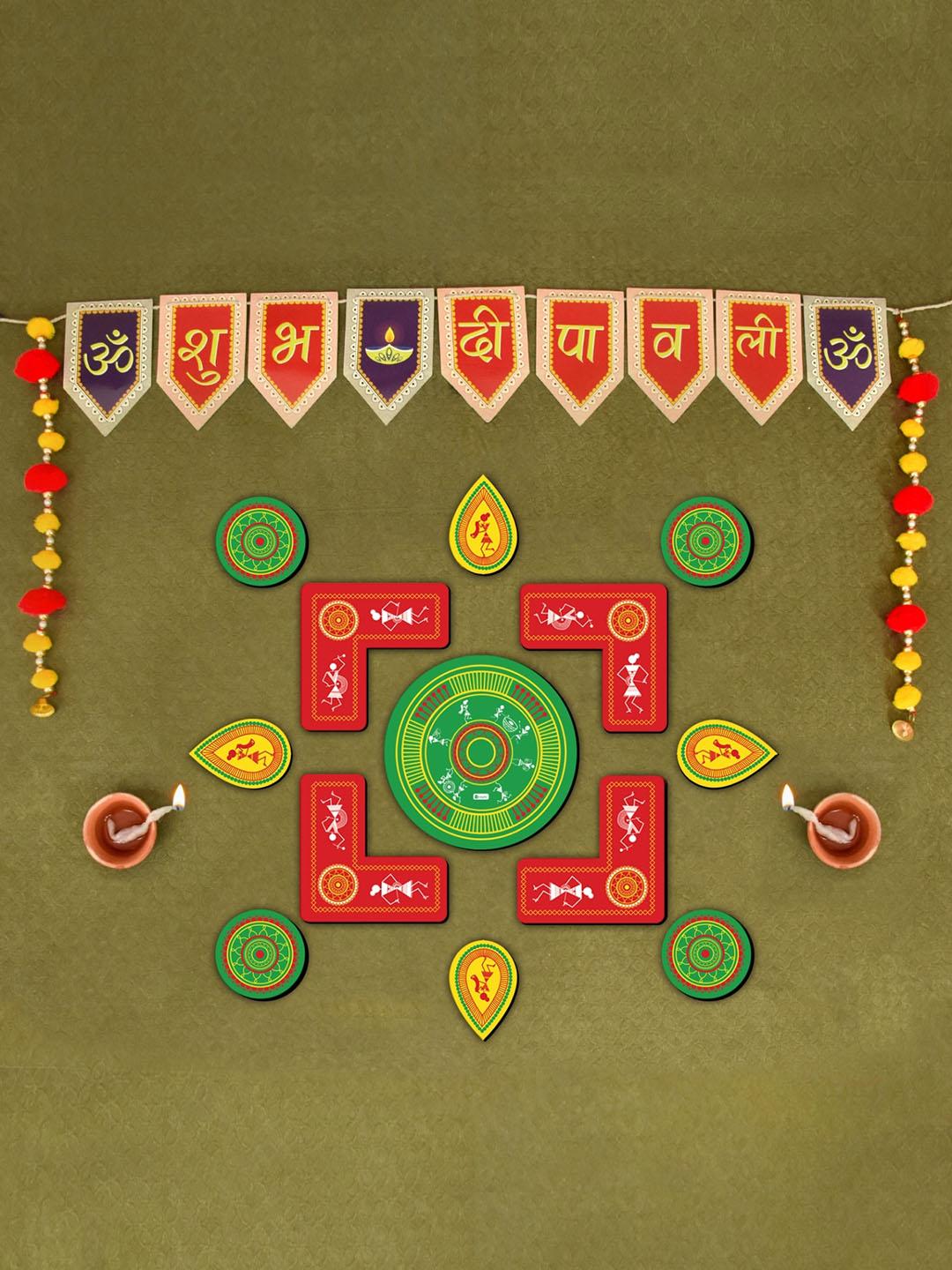 Buy Indigifts Green & Red 14 Pieces Warli Art Printed Wooden Rangoli ...