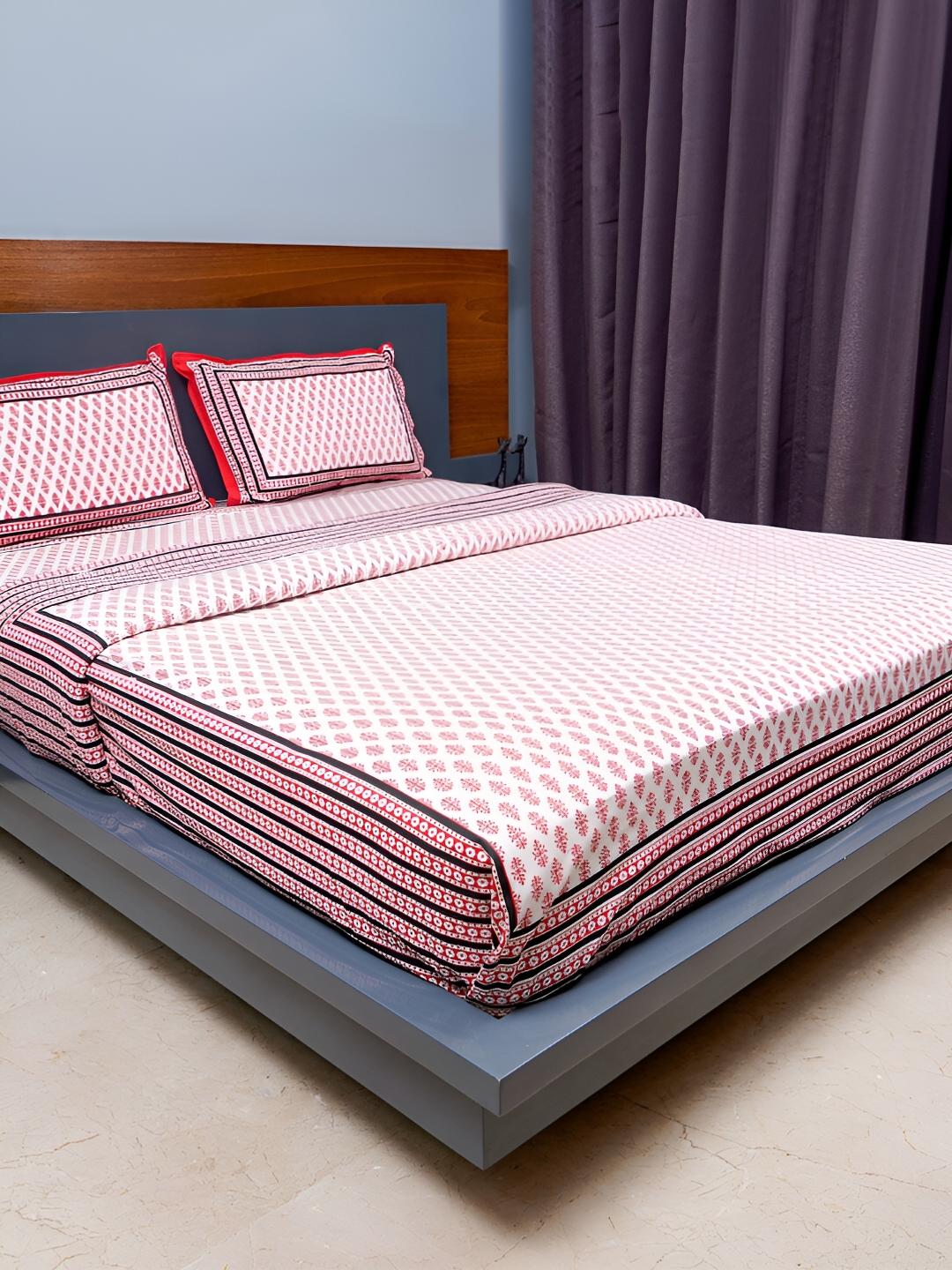 Buy Inizio Red Ethnic Motifs Cotton 220 TC King Fine Bedsheet With 2 ...