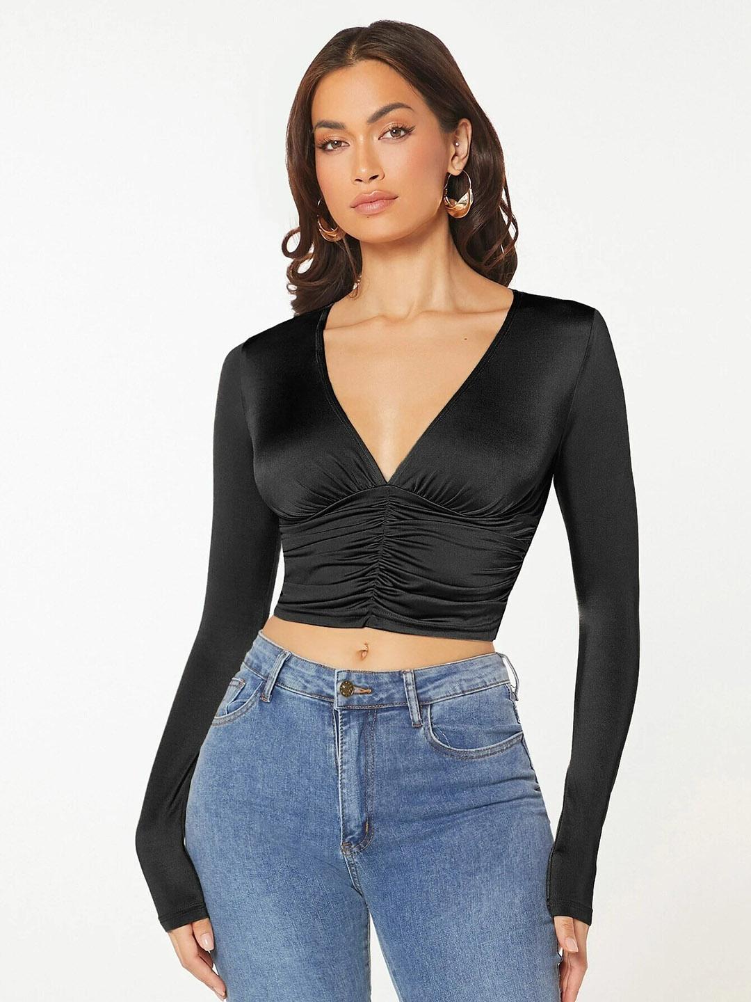 Buy Stylecast X Slyck V Neck Gathered Crop Fitted Draped Top - Tops for ...