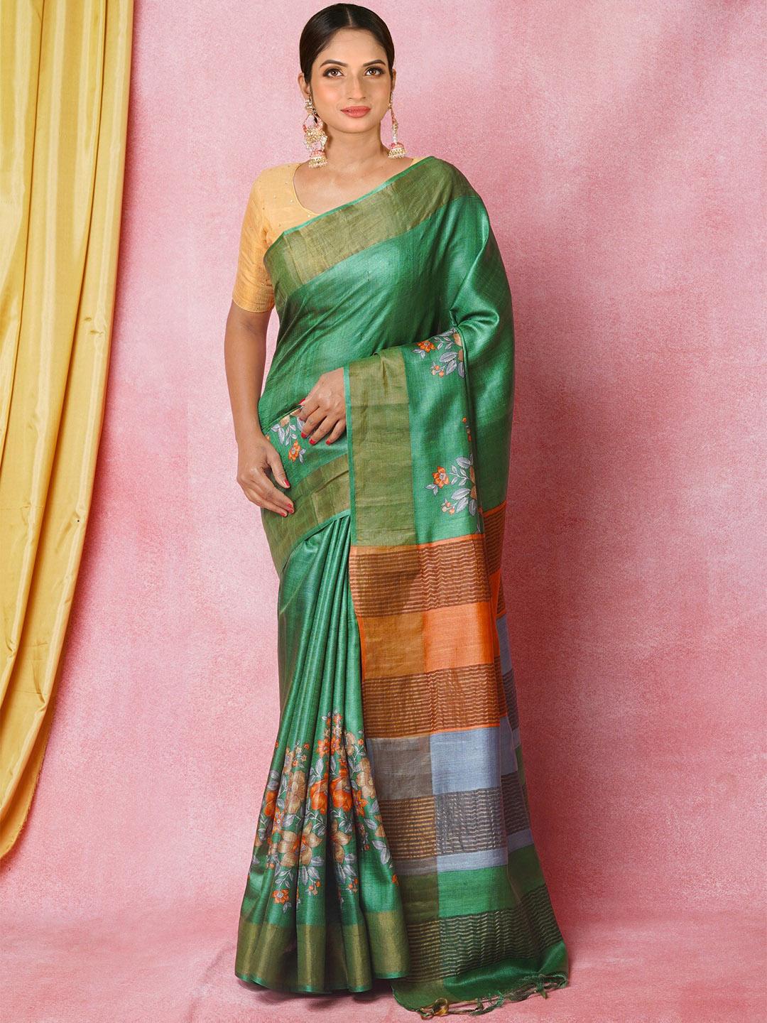 Buy Unnati Silks Floral Printed Art Silk Handloom Tussar Saree - Sarees ...