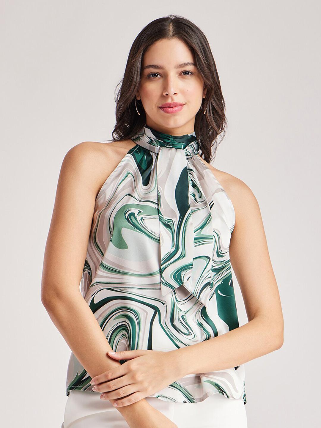 Buy FableStreet Abstract Printed High Neck Sleeveless Satin Green Top ...