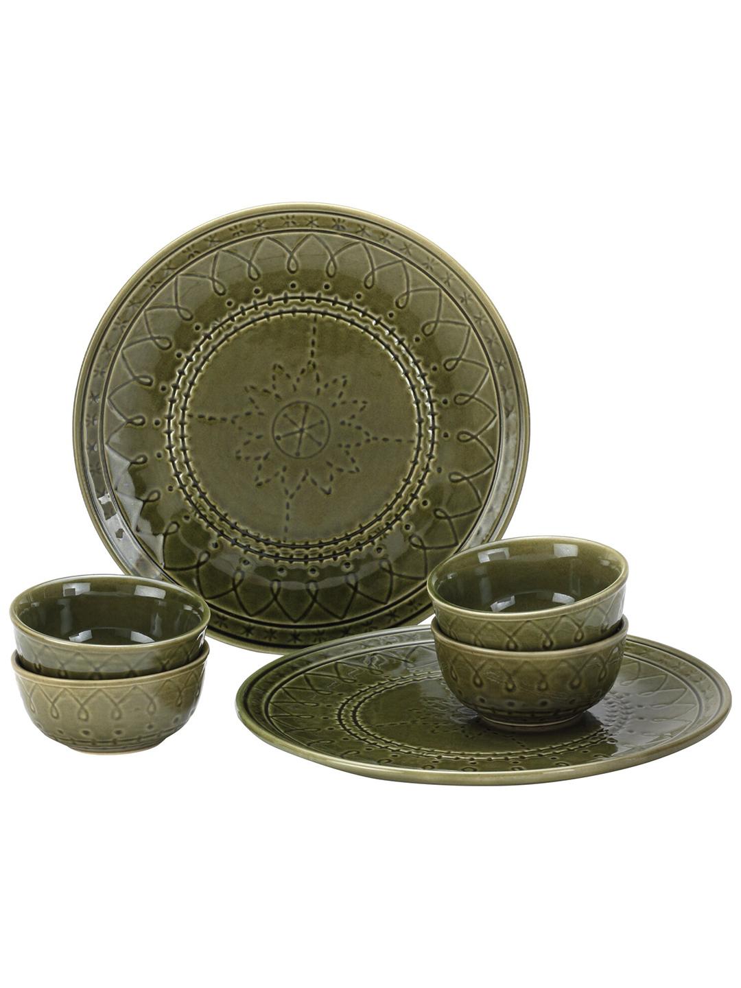 Buy BODHI HOUSE 6 Pieces Green Printed Ceramic Glossy Dinner Set ...