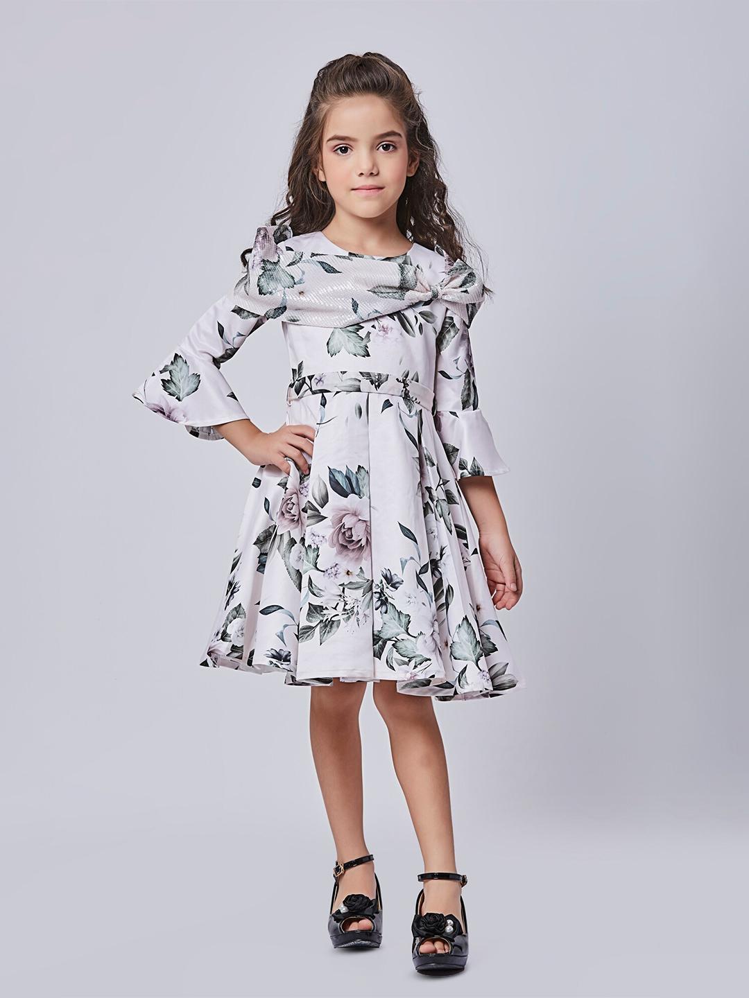 Buy Peppermint Girls Floral Printed Bell Sleeves Sequined Detail Fit ...