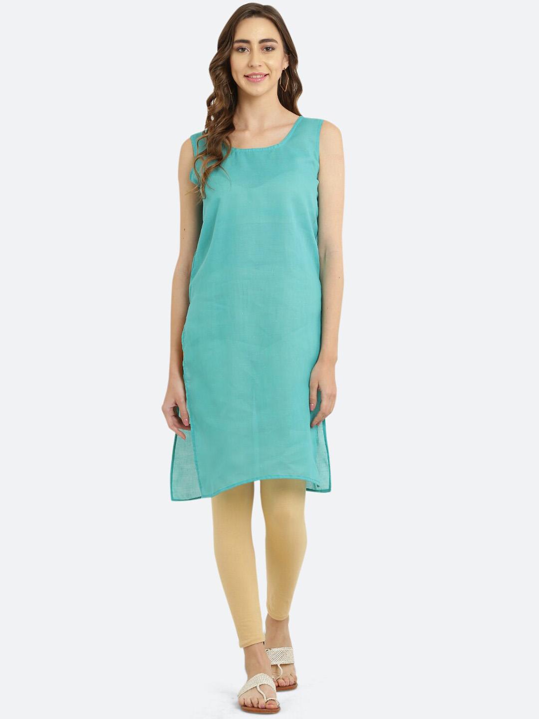 Buy FAWOMENT Women Round Neck Sleeveless Semi Sheer Side Slit Long Line Cotton Camisole ...