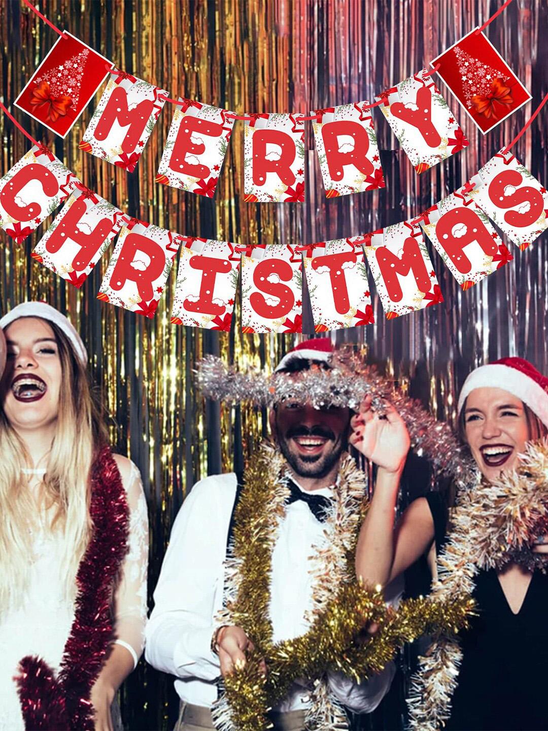 Buy ECraftIndia Red & White Merry Christmas Bunting Banner 300 GSM ...