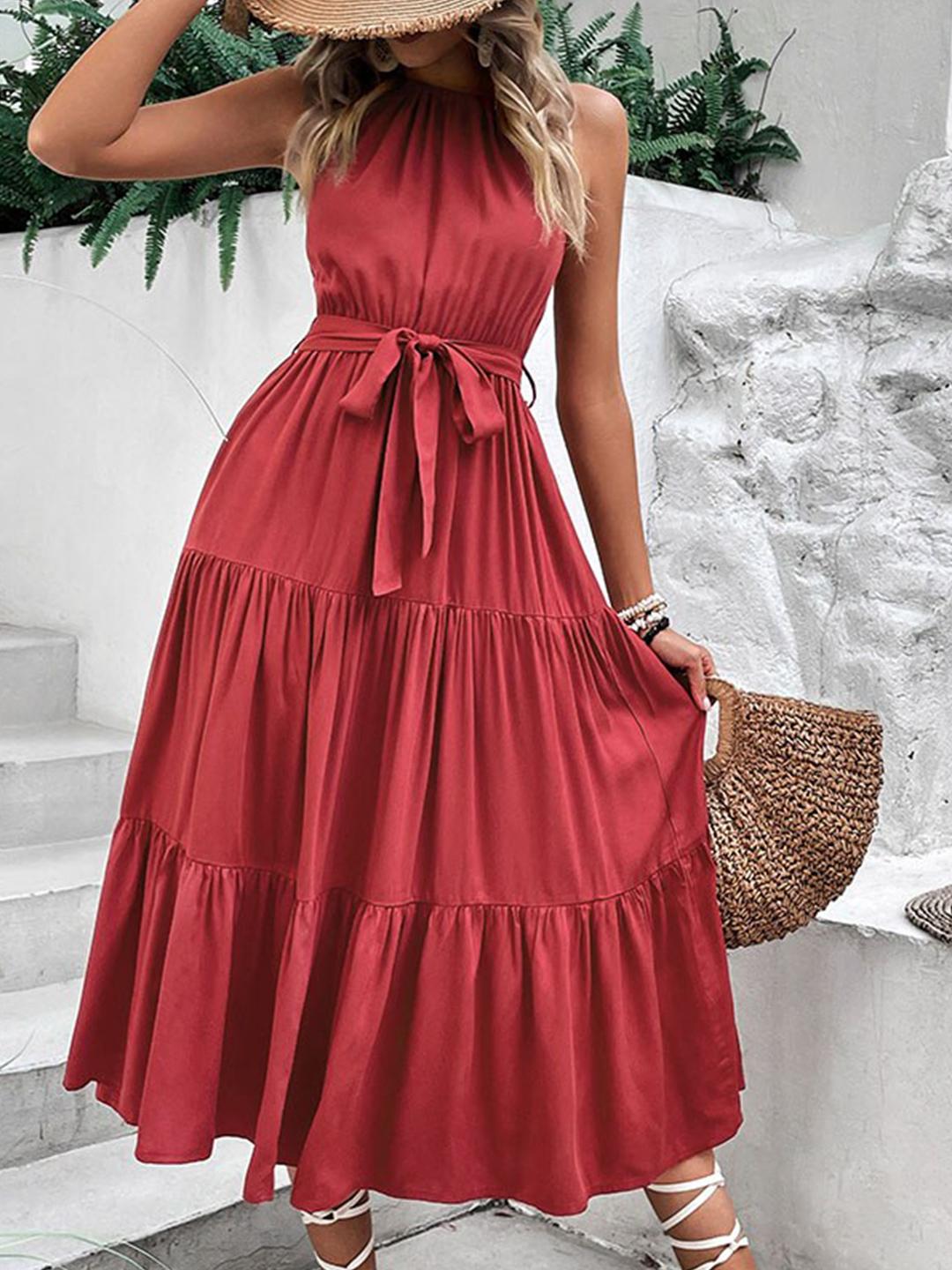 Buy StyleCast Red Halter Neck Fit & Flare Midi Dress - Dresses for ...