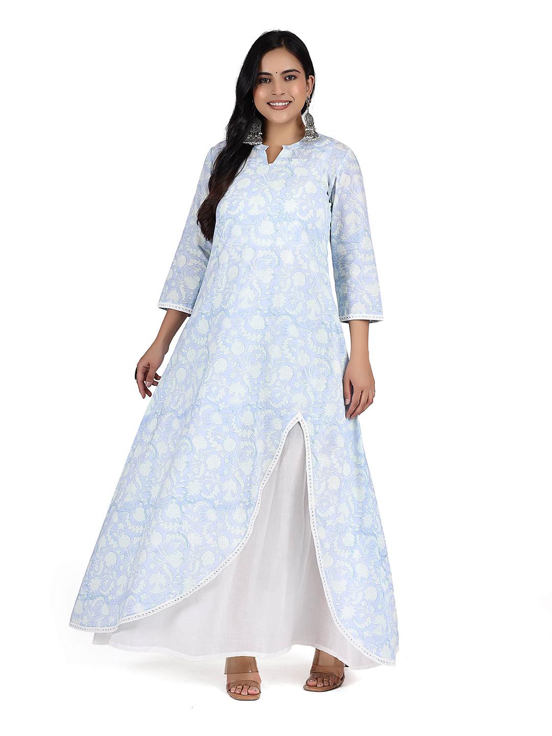 Buy Lirose Floral Printed Mandarin Collar Pure Cotton Maxi Ethnic Dress ...
