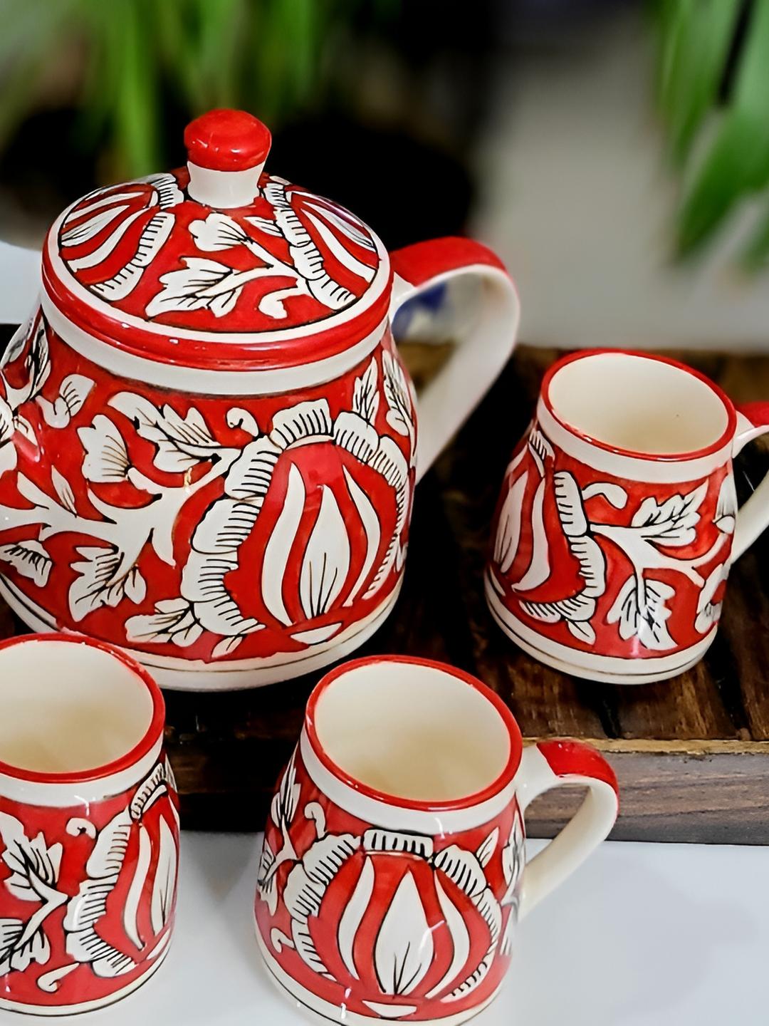 Buy Kittens Red 7 Pieces Ceramic Glossy Kettle With Cups And Mugs - Tea ...