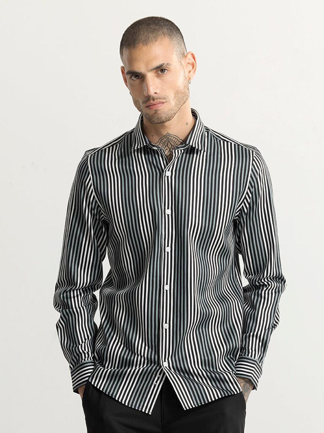 Buy Snitch Black Classic Slim Fit Striped Cotton Casual Shirt - Shirts ...