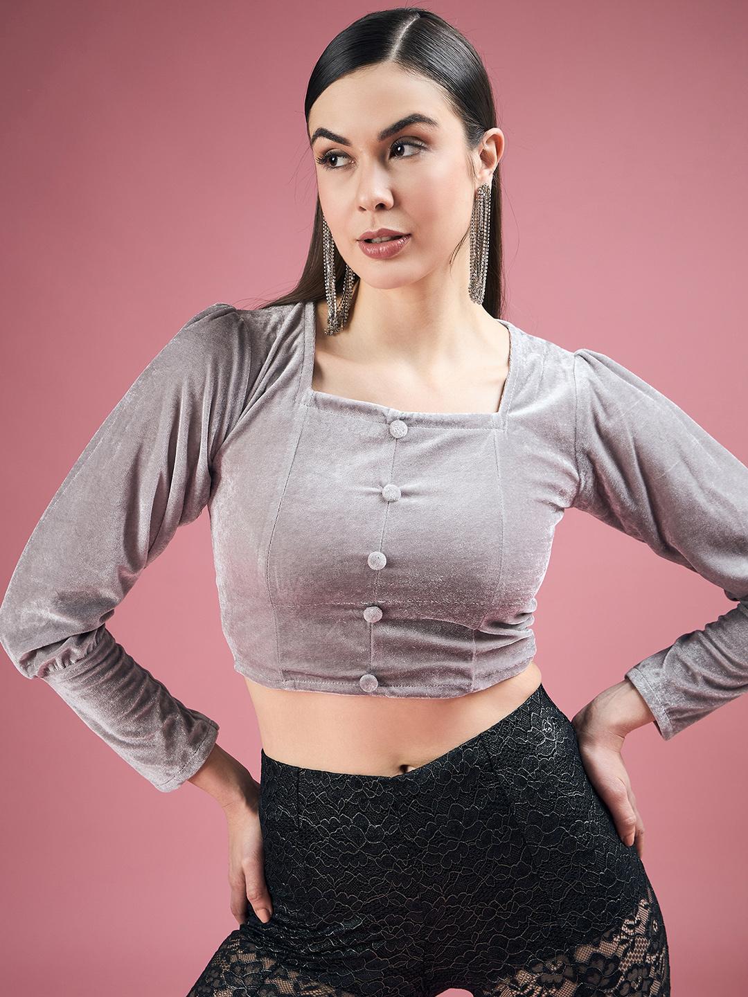 Buy DressBerry Grey Square Neck Crop Velvet Top - Tops for Women ...