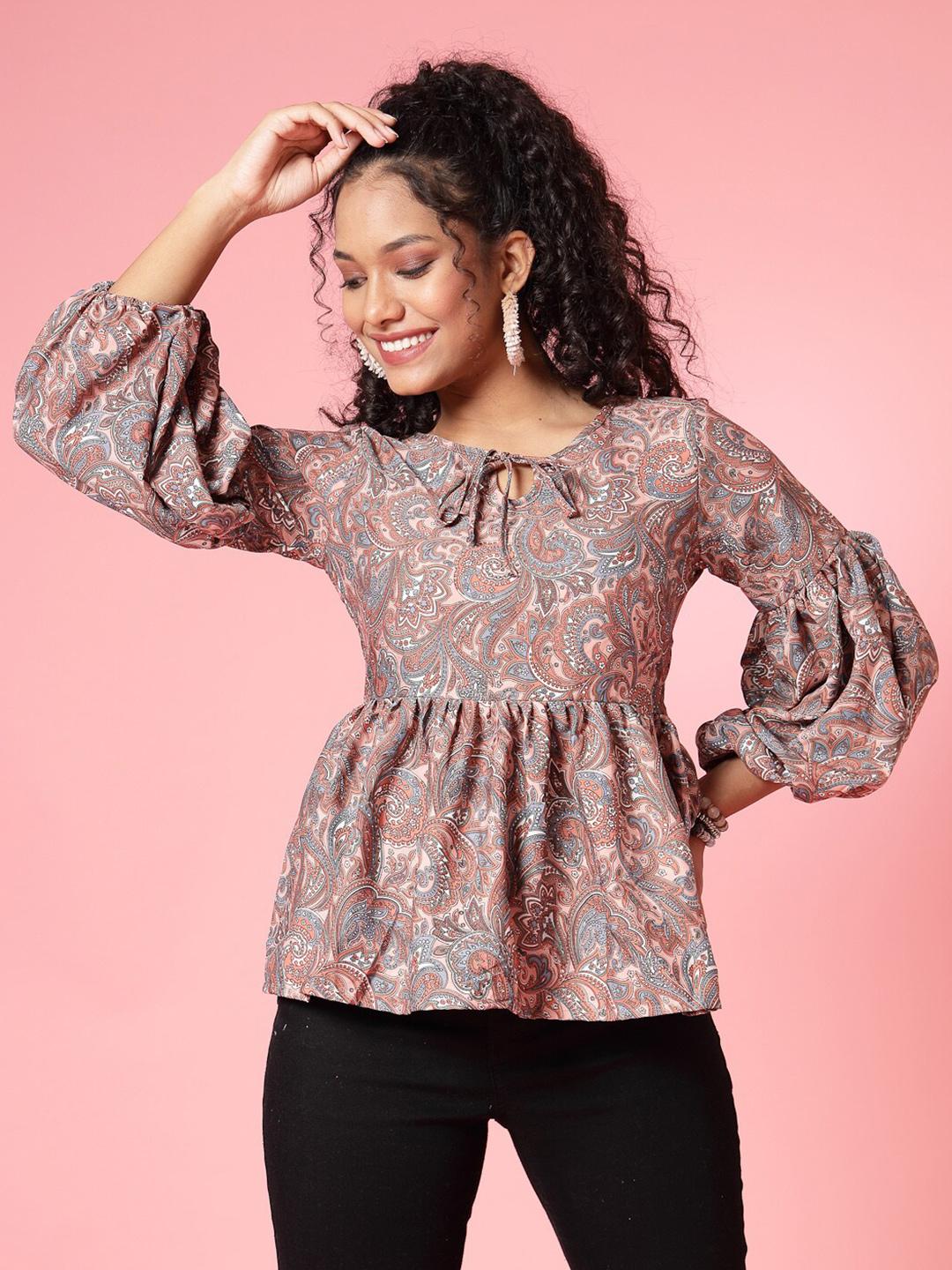Buy Oomph! Ethnic Motifs Printed Tie Up Neck Crepe Pleated A Line Top ...