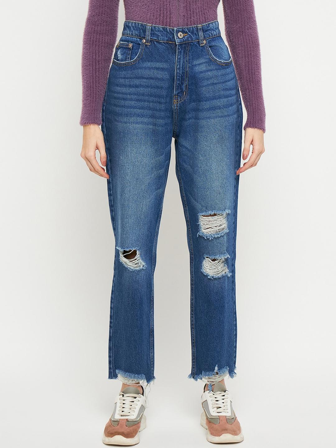 Buy Madame Women Mid Rise Mildly Distressed Light Fade Cotton Jeans ...