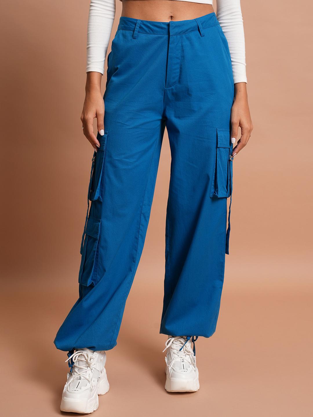 Buy Tokyo Talkies Women Blue Flared High Rise Cotton Cargos - Trousers ...