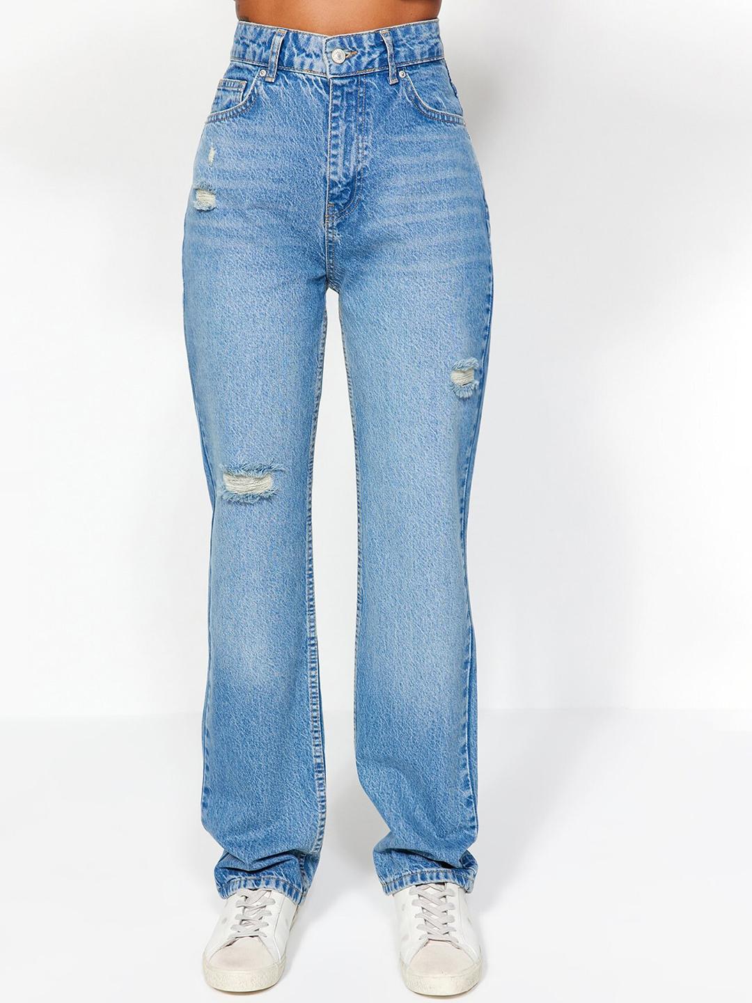 Buy Trendyol Women Mildly Distressed Light Fade Pure Cotton Jeans ...