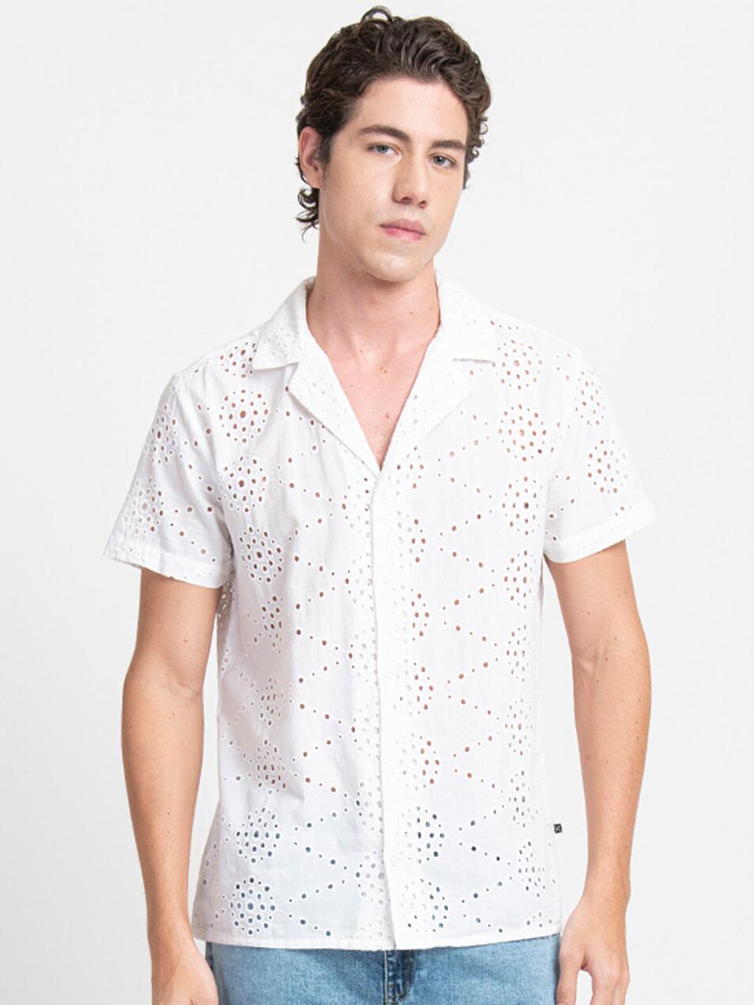 Buy KISSOSS Classic Slim Fit Self Design Schiffli Semi Sheer Cotton ...