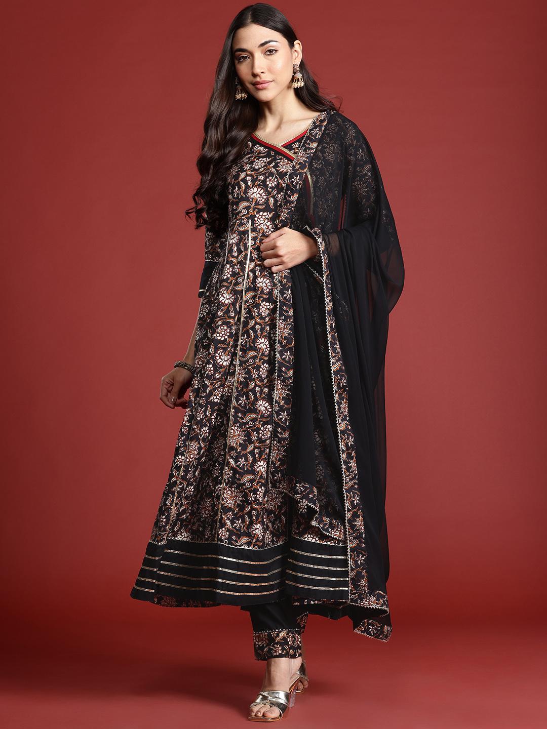 Buy Anouk Floral Print Angrakha Gotta Patti Detail Anarkali Kurta With ...