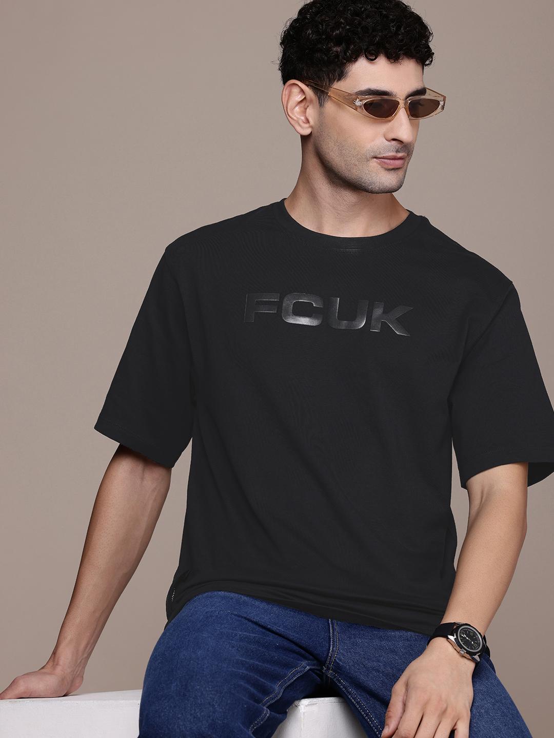 Buy FCUK Brand Logo Printed Drop Shoulder Sleeves Pure Cotton Oversized ...