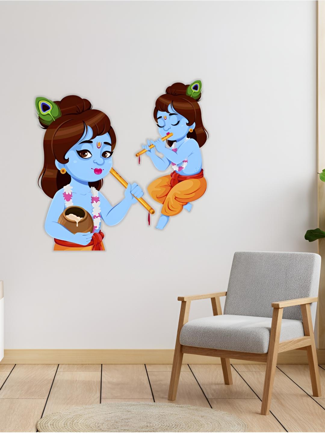 Buy CVANU Blue & Orange Lord Krishna Printed Self Adhesive Wall Sticker ...