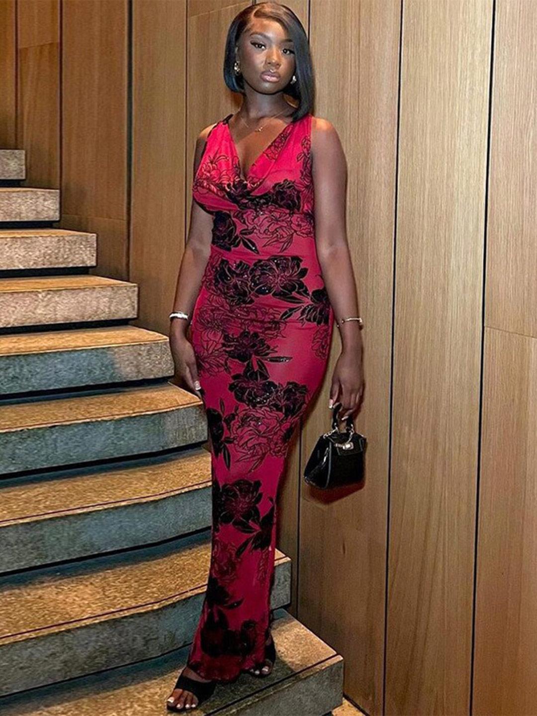 Buy StyleCast Red Floral Printed V Neck Bodycon Maxi Dress - Dresses ...