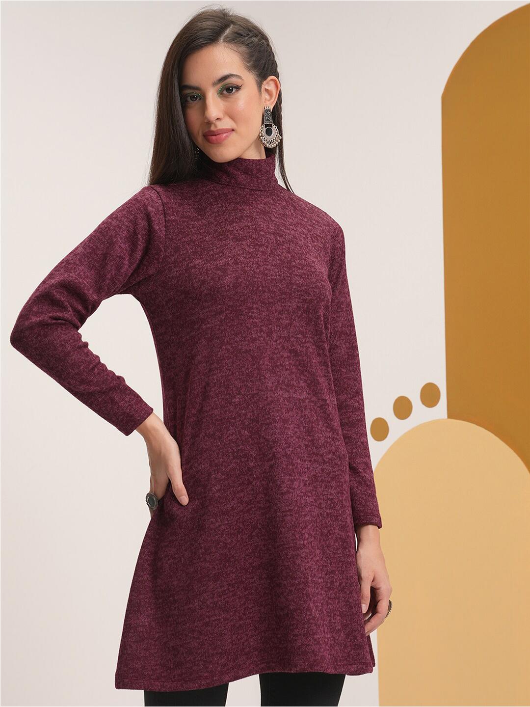 Buy Vishudh Maroon High Neck Long Sleeves Tunic - Tunics for Women ...