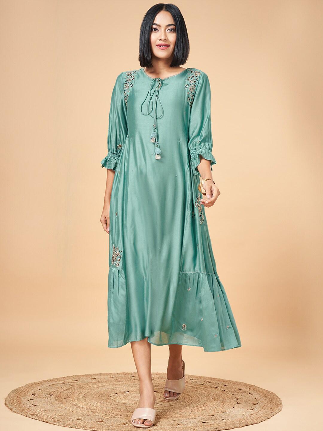 Buy Marigold Lane Floral Embroidered Silk A Line Dress - Dresses for ...