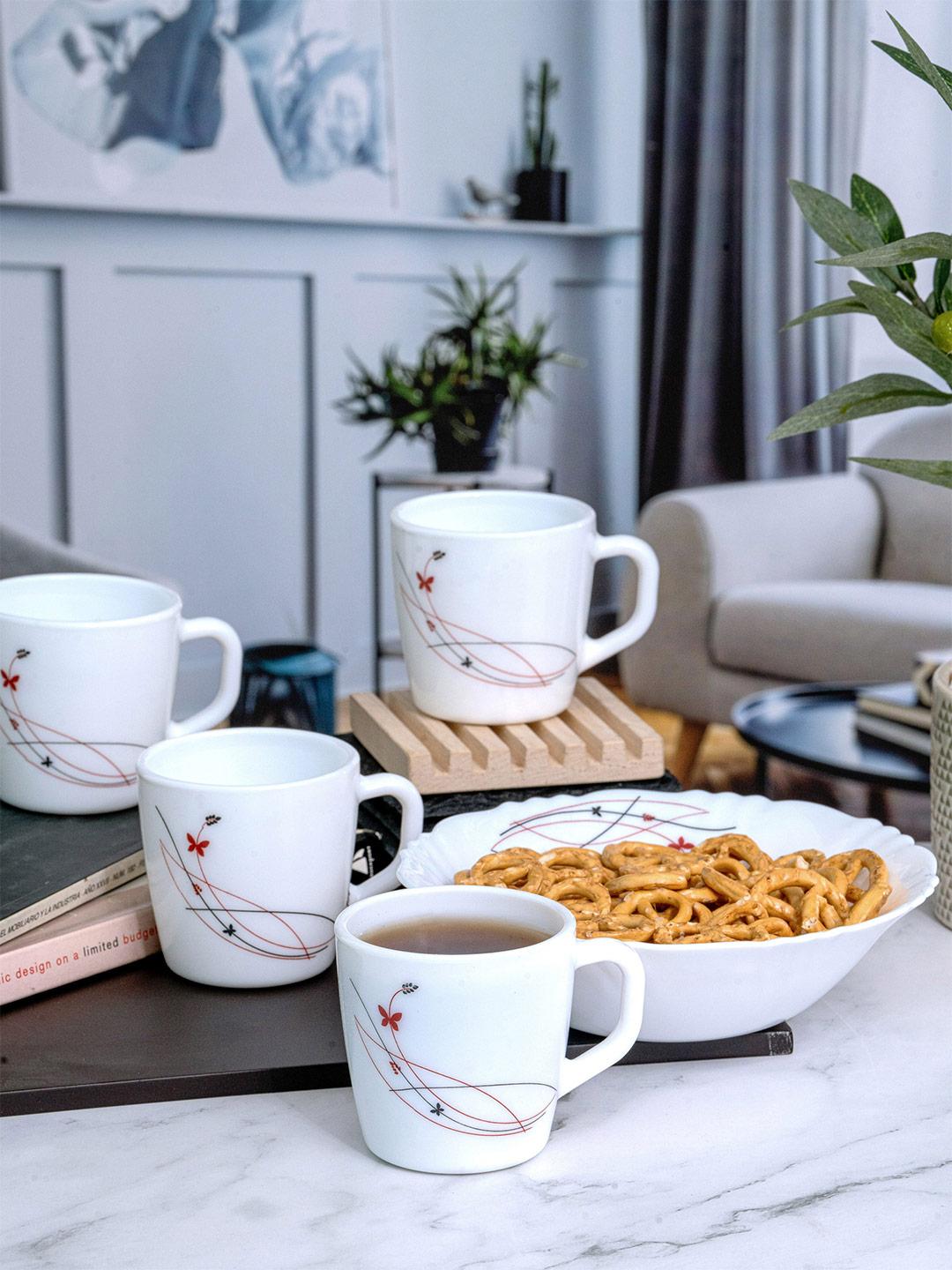 Buy Cello White Floral Opalware Handmade 4 Piece Mugs With Bowl 510ml ...