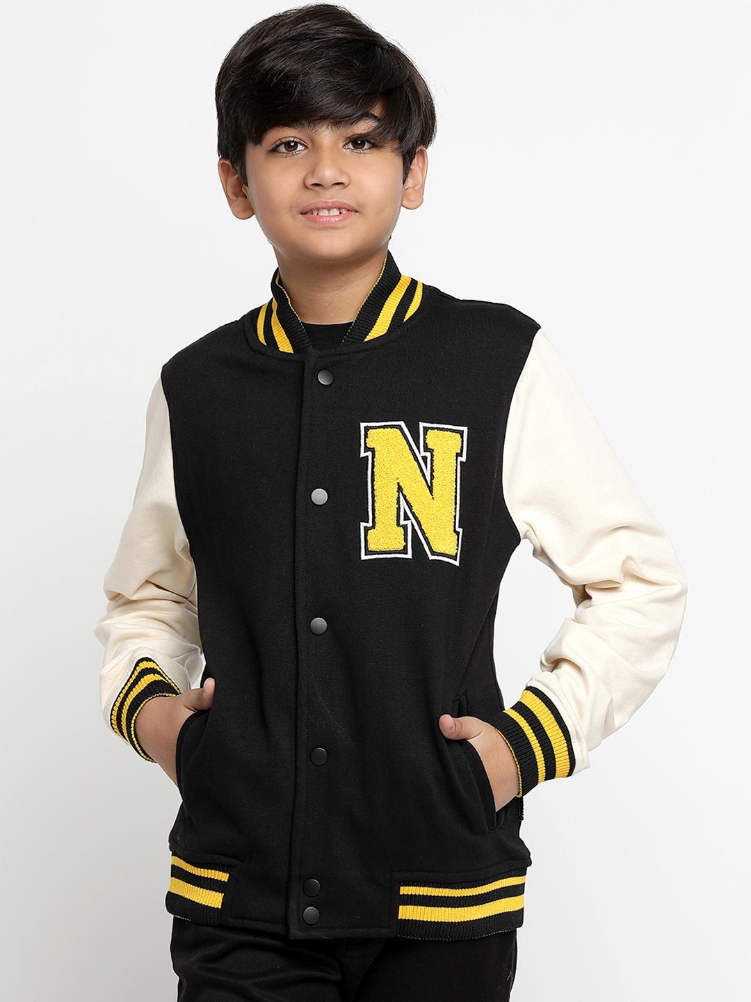 Buy Lil Tomatoes Boys Typography Printed Fleece Varsity Jacket ...