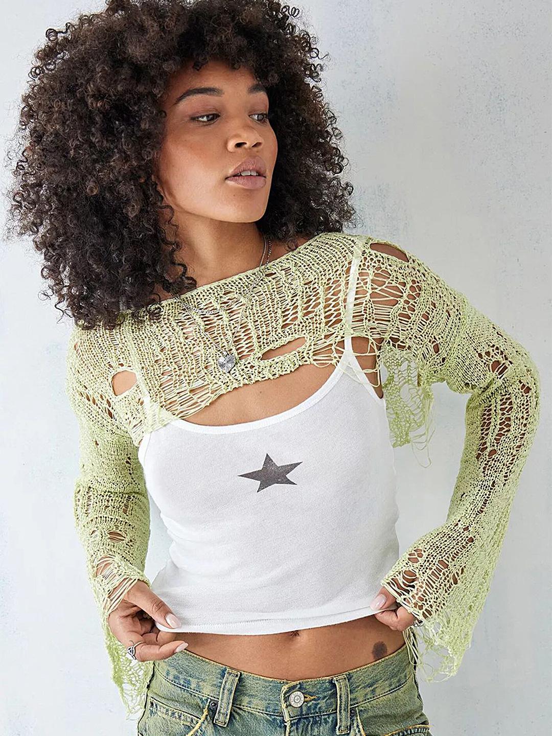 Buy LULU & SKY Self Design Ripped Detail Long Sleeves Crop Top - Tops ...