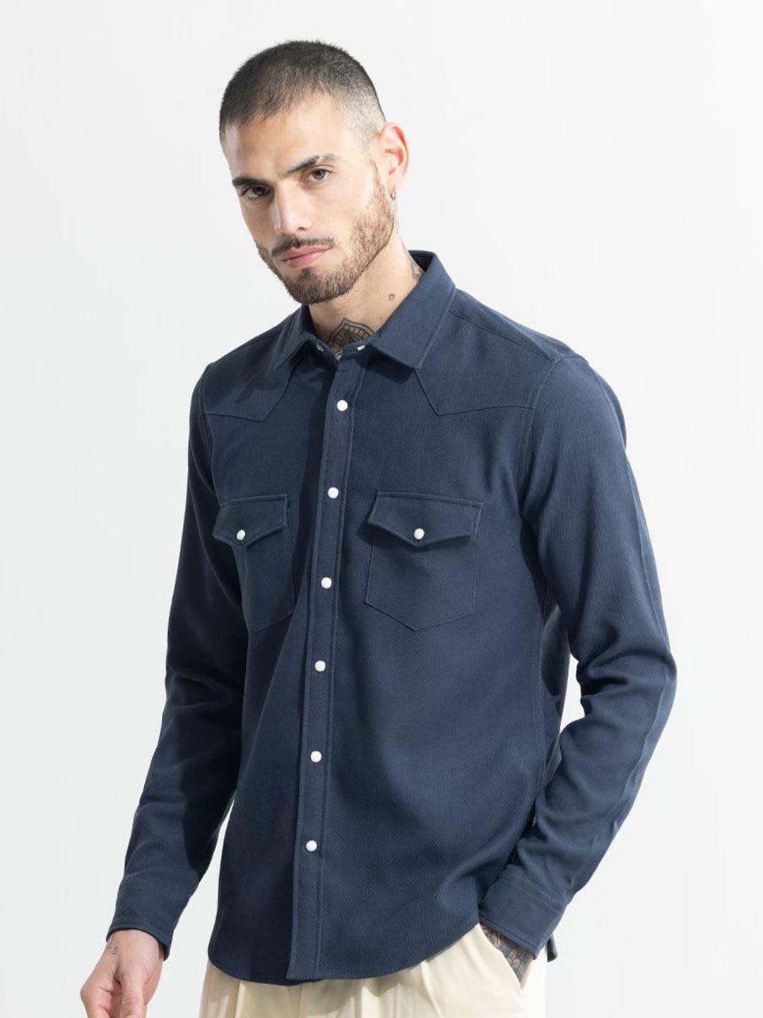 Buy Snitch Navy Blue Classic Slim Fit Cotton Shacket - Shackets for Men ...