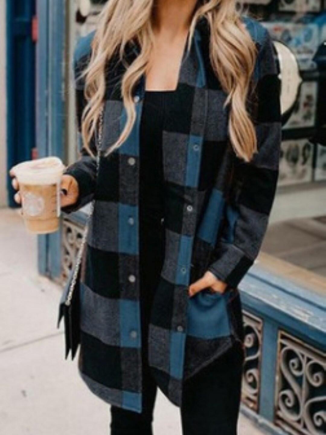 Buy KPOP Buffalo Checks Spread Collar Shacket - Shackets for Women ...