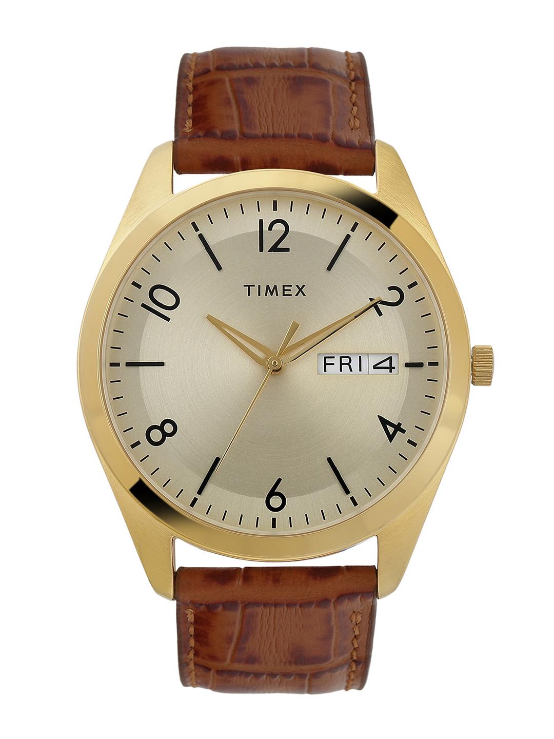 Buy Timex Men Round Shape Textured Leather Straps Analogue Watch ...