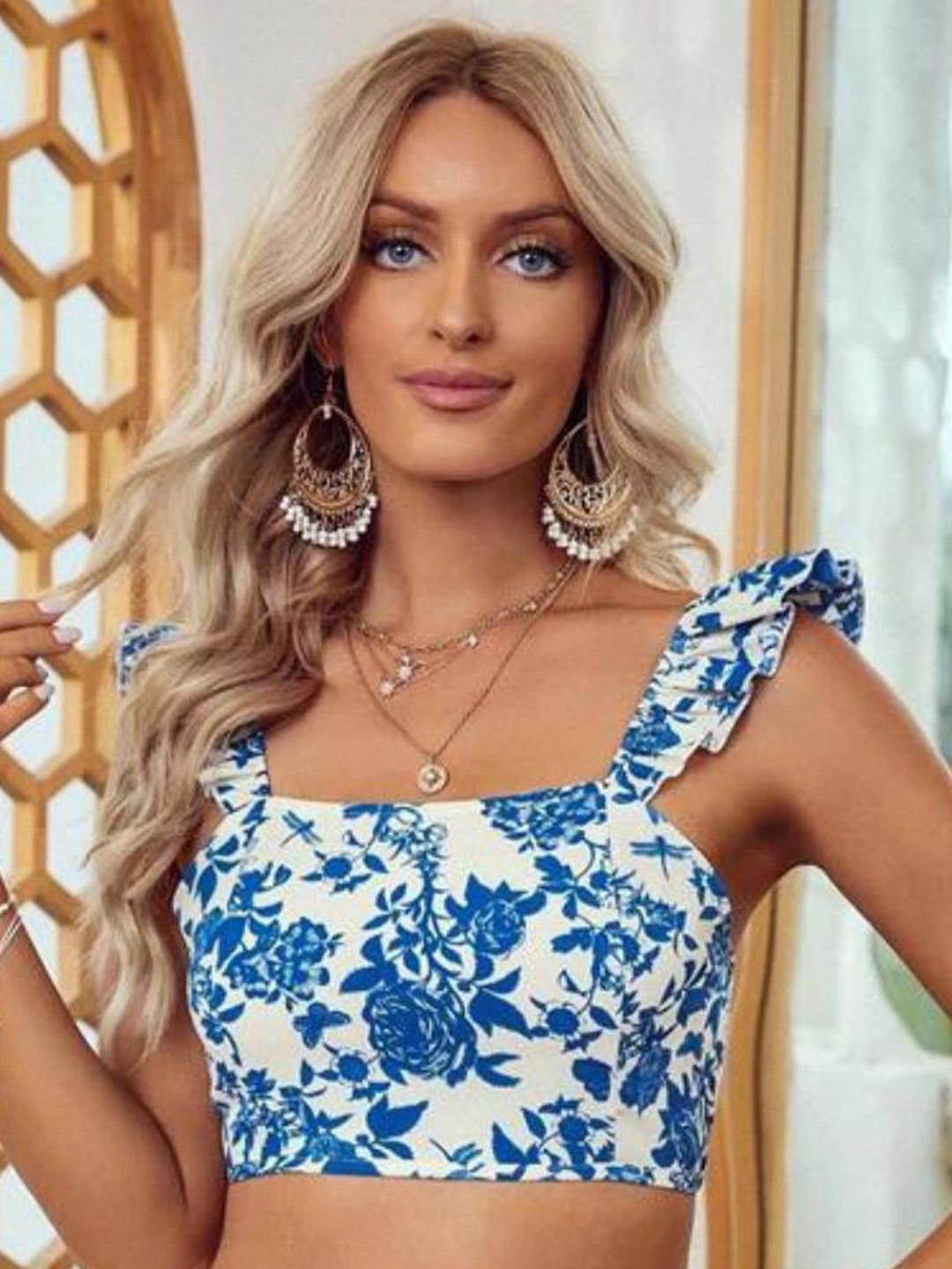Buy Kotty White Floral Printed Ruffled Crepe Bralette Crop Top - Tops ...