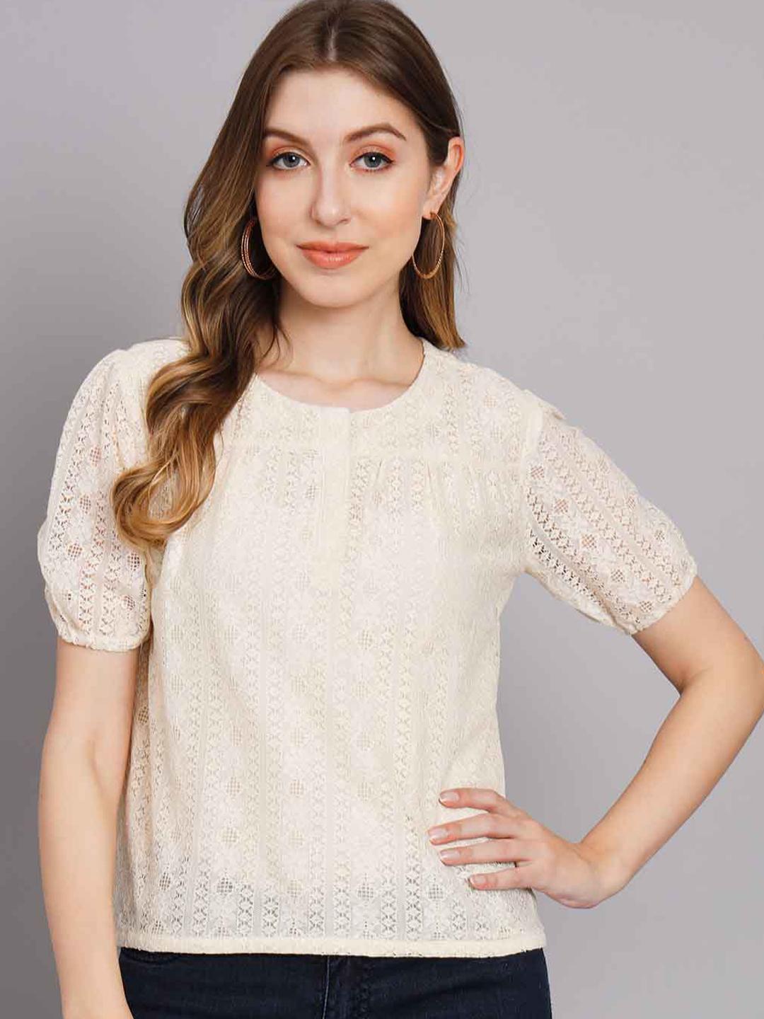 Buy KALINI Self Design Round Neck Puff Sleeves Semi Sheer Net Top ...